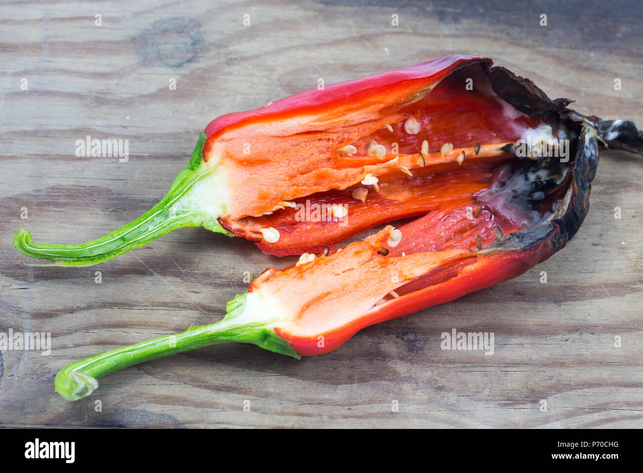 moldy of red chili pepper on wooden background / Rotten red chili ...