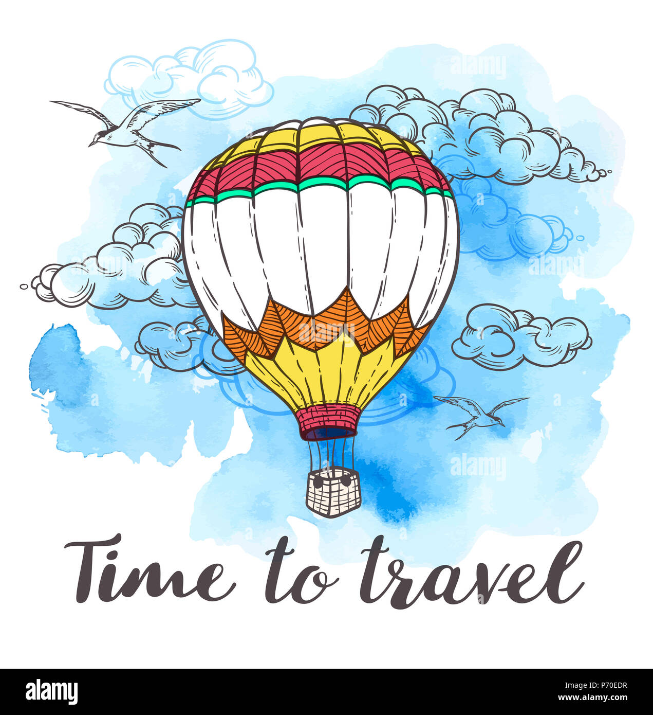 Vintage travel background with air balloon, clouds and blue watercolor ...