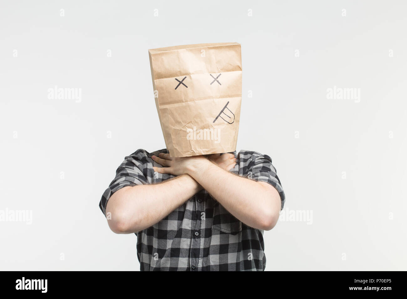 Portrait of men in dead paper bag mask Stock Photo - Alamy