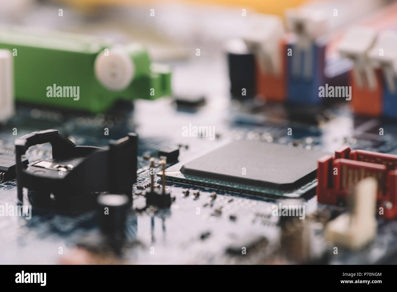 Mainboard close-up view with electronic details and components Stock ...