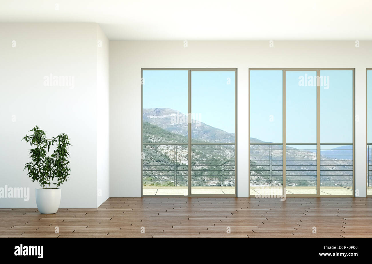 Empty room with big windows and ozean view Stock Photo - Alamy