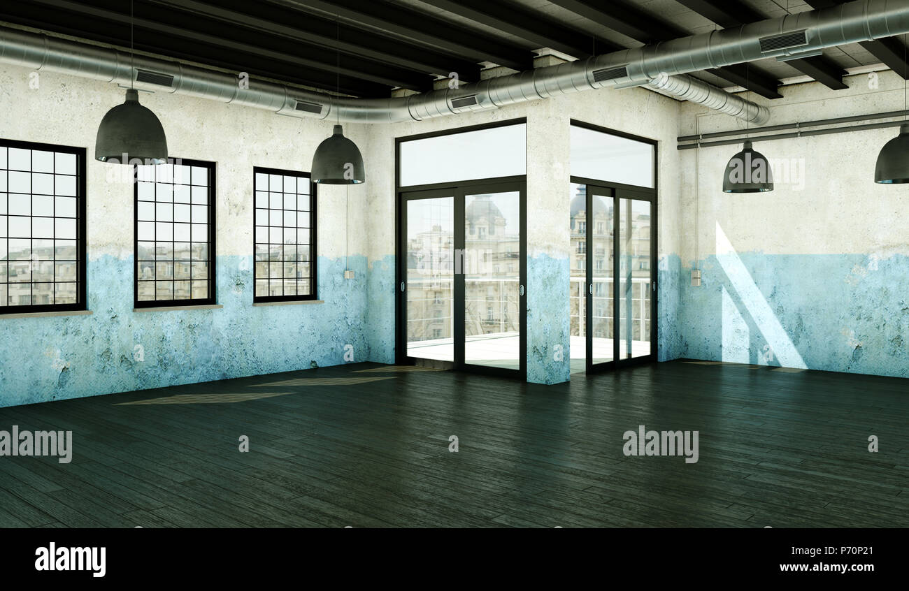 Empty loft with weathered walls, windows and parquet Stock Photo - Alamy