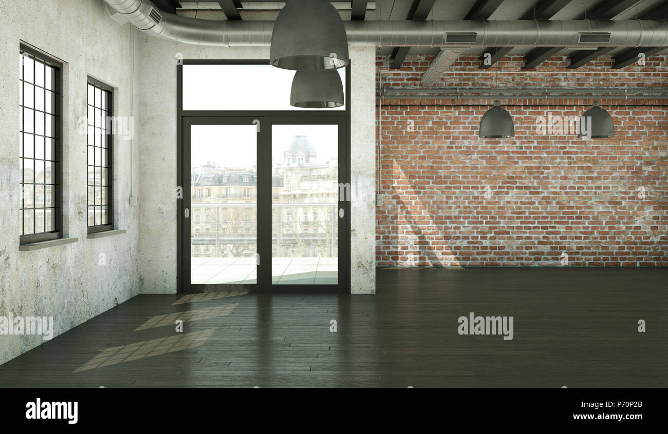 Empty loft with weathered walls, windows and parquet Stock Photo - Alamy