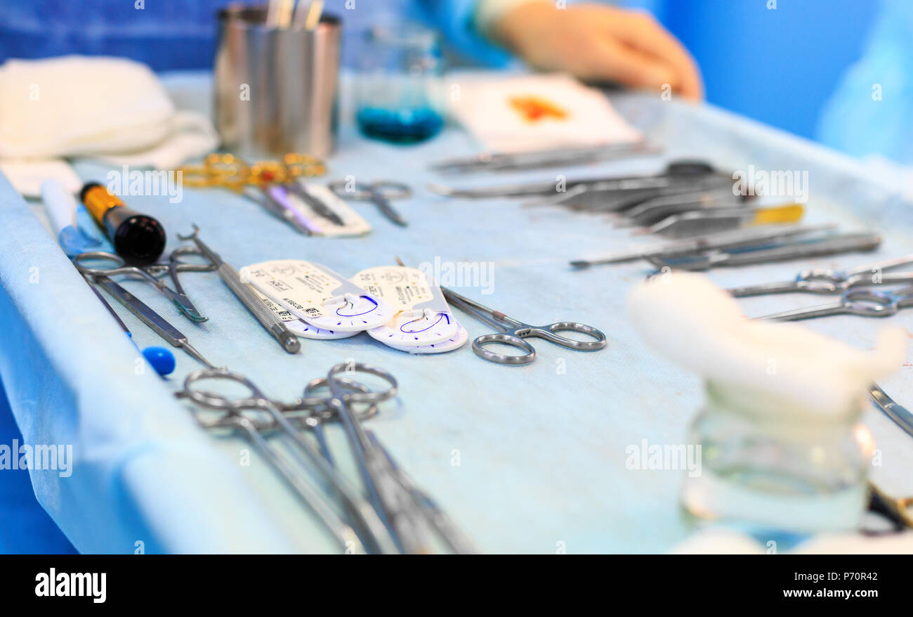Surgical instruments on the table prepared for surgery Stock Photo - Alamy