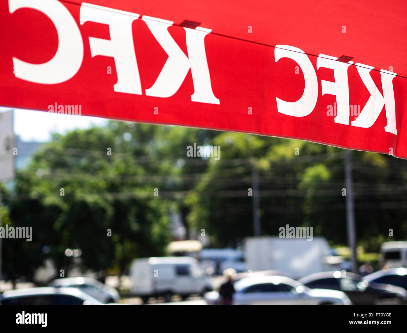 KIEV, UKRANIE - June 25, 2018: Umbrella with KFC inscription on a ...