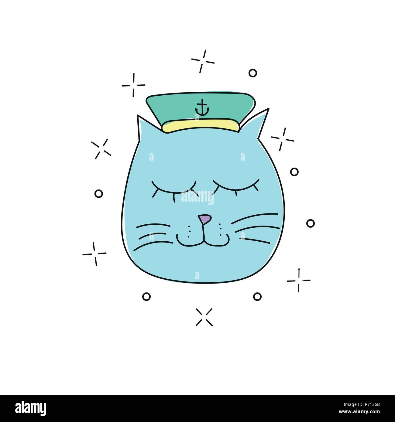Hand drawn vector illustration of funny sailor cat in a cap on white ...