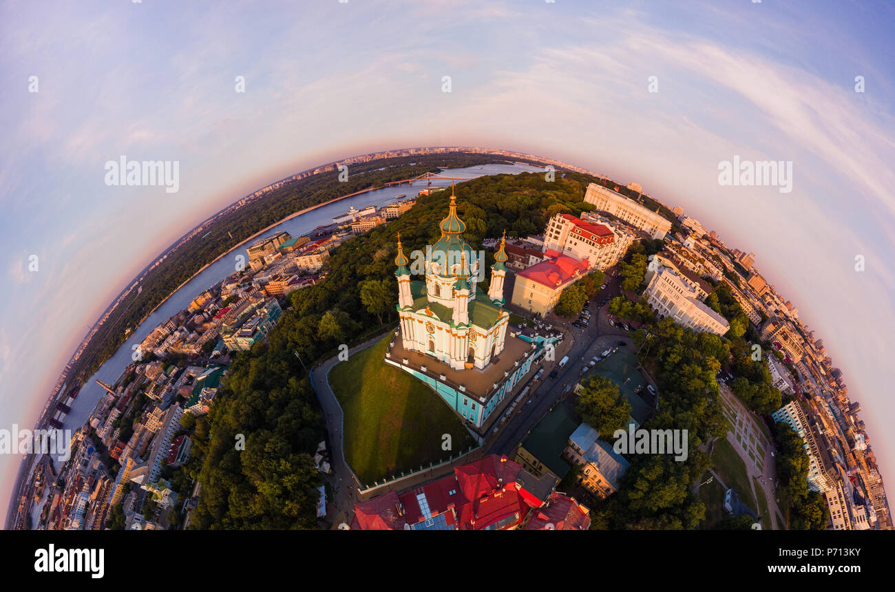 Full aerial view panorama 360 degrees of Kiev city, St. Andrew's Church ...