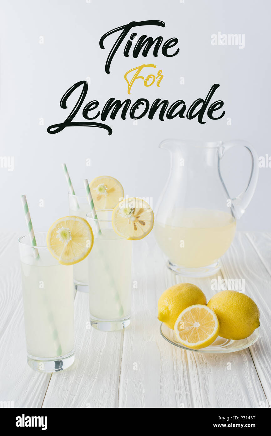 close up view of time for lemonade lettering, lemonade in glasses and ...