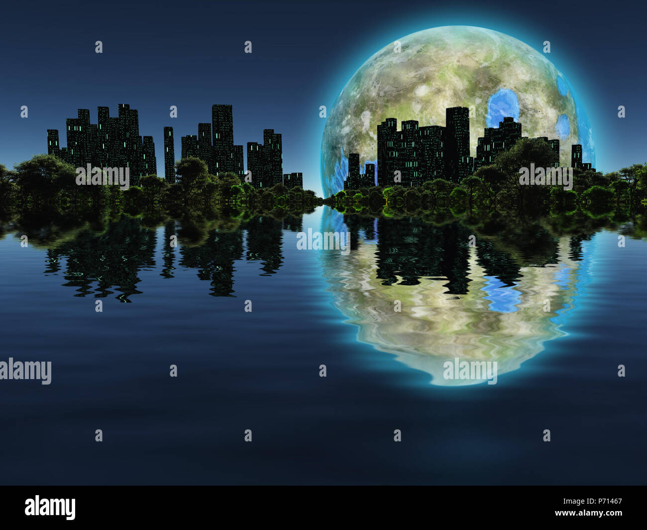 Surreal digital art. Future city with green trees on a water surface ...