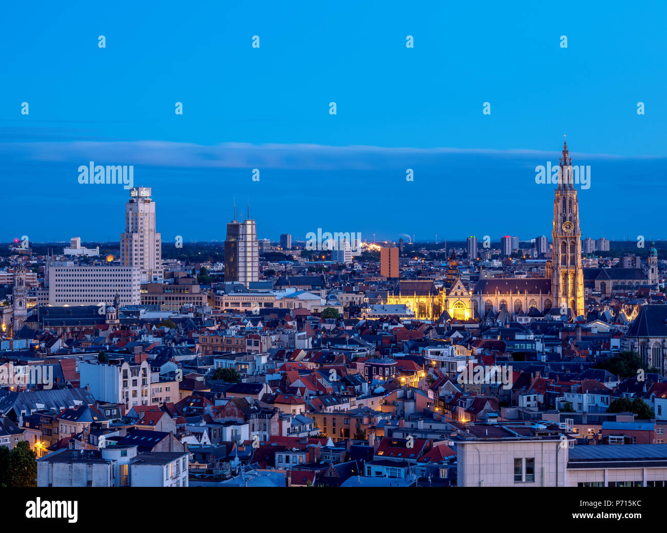 City Center Skyline at twilight, elevated view, Antwerp, Belgium ...