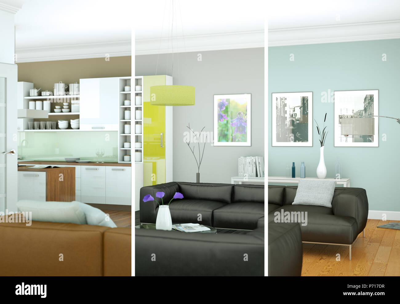 Splitted color variations of a modern loft interior design Stock Photo ...