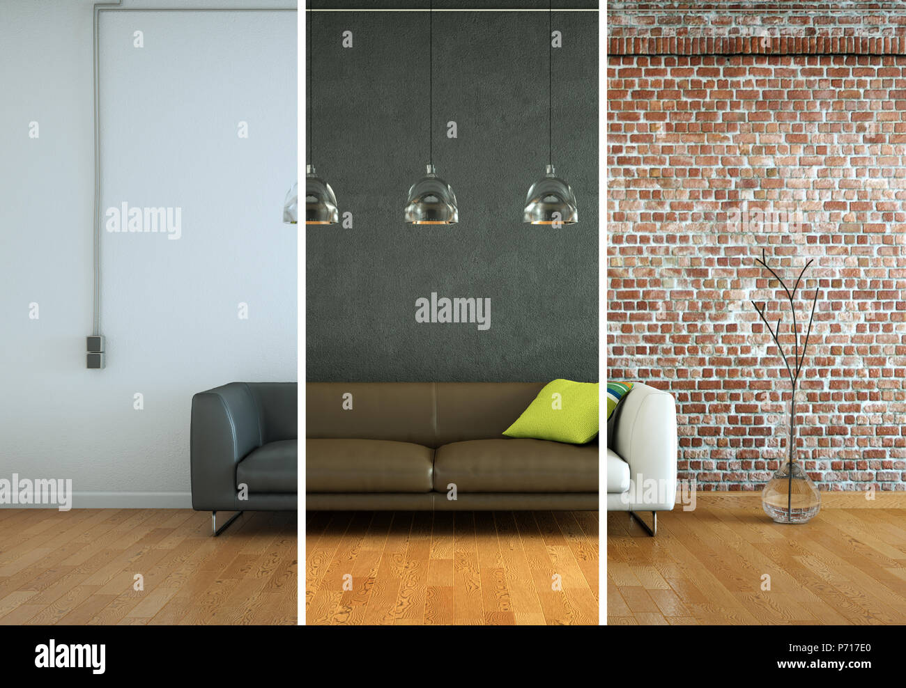 Splitted color variations of a modern loft interior design Stock Photo ...