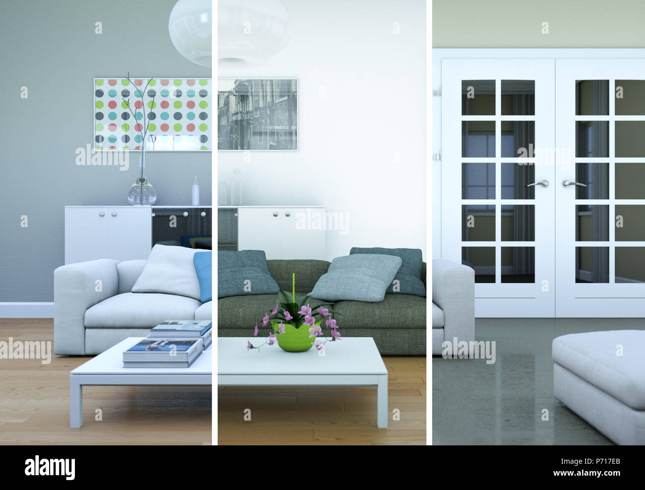 Splitted color variations of a modern loft interior design Stock Photo ...