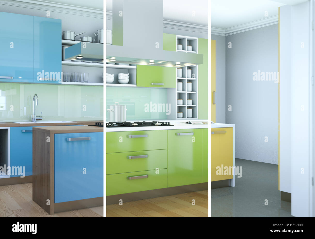 Splitted color variations of a modern kitchen with a beautiful design ...