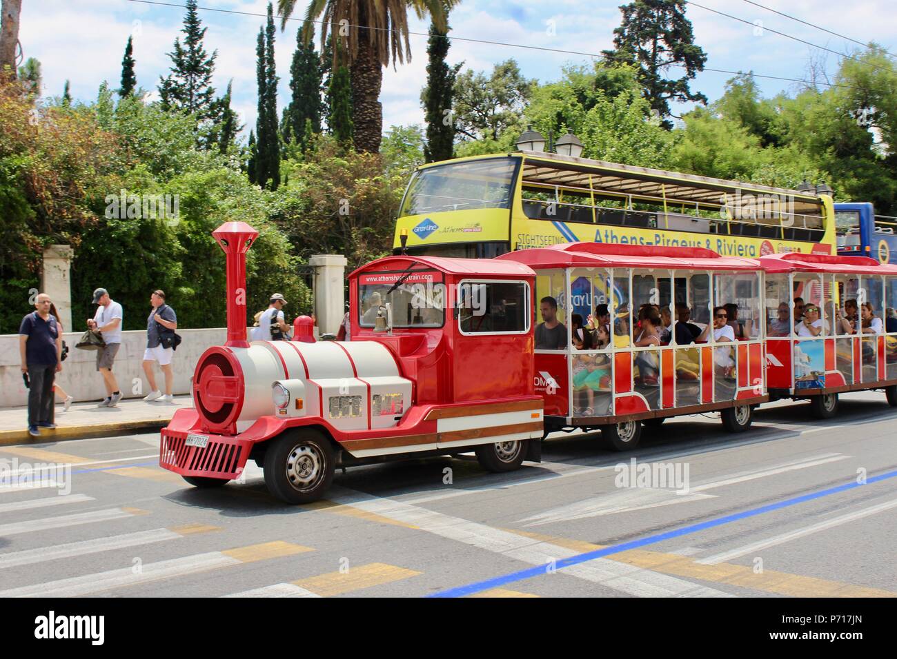 novelty steam style train transports tourists around the athens streets ...