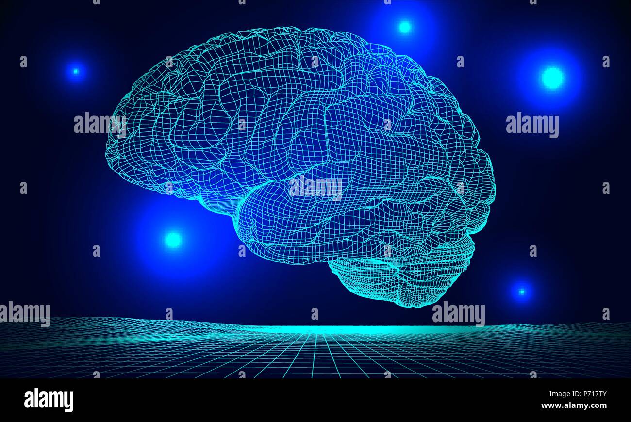 Blue wireframe brain glowing on dark space background Stock Vector ...