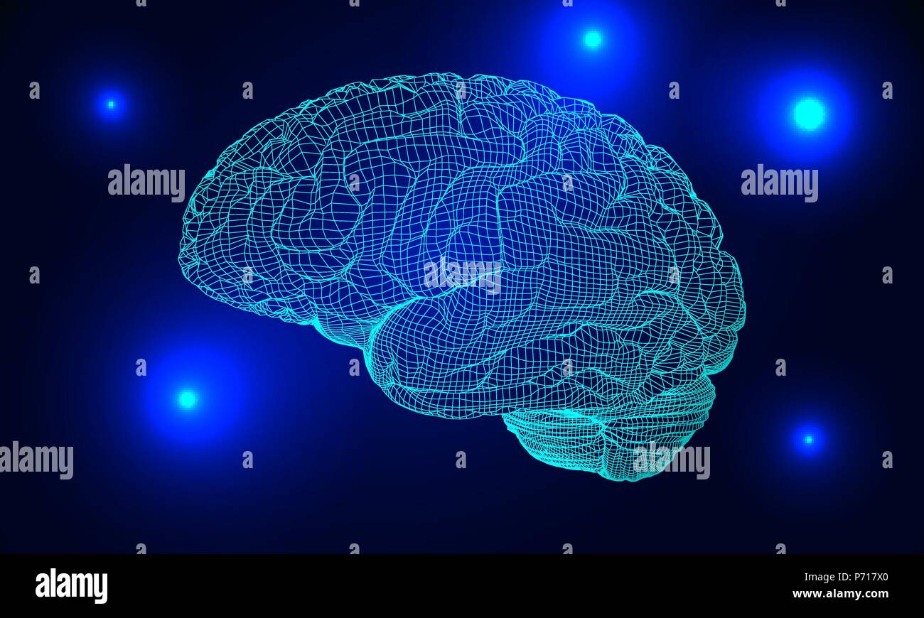 Blue wireframe brain glowing on dark space background Stock Vector ...