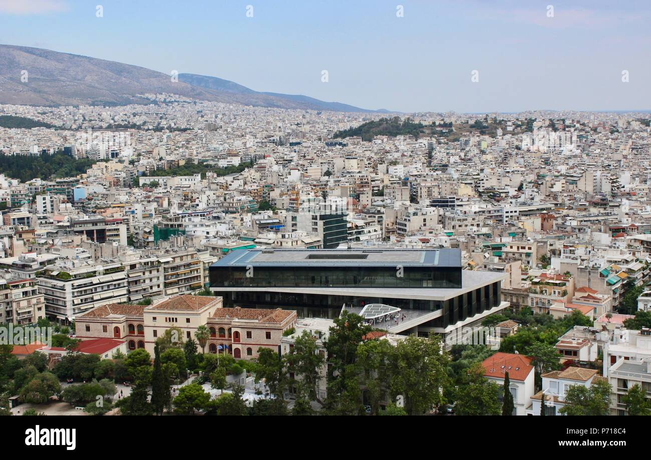 view over athens greece from hillside parthenon with museum Stock Photo ...