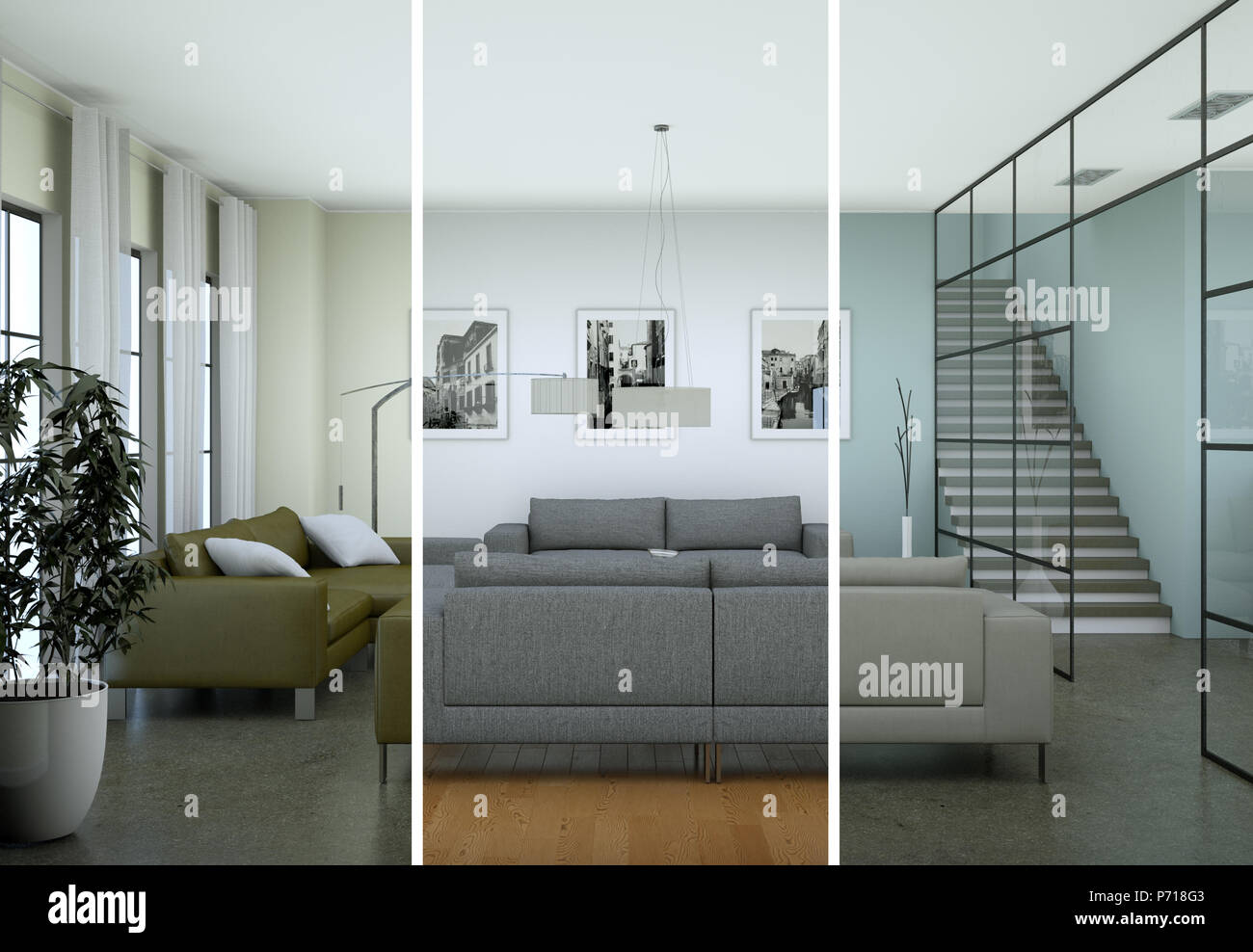 Splitted color variations of a modern loft interior design Stock Photo ...