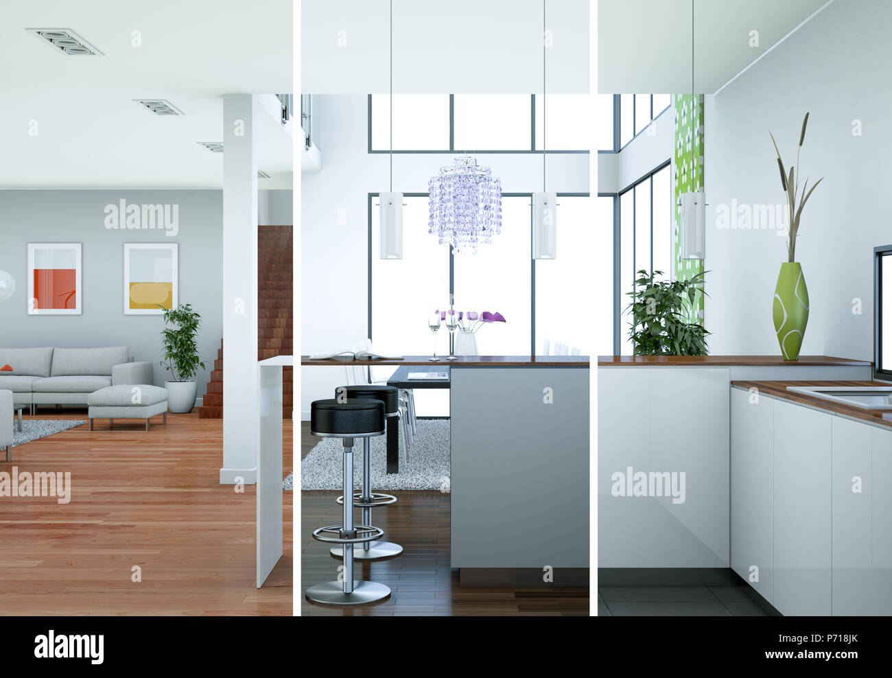 Splitted color variations of a modern kitchen with a beautiful design ...