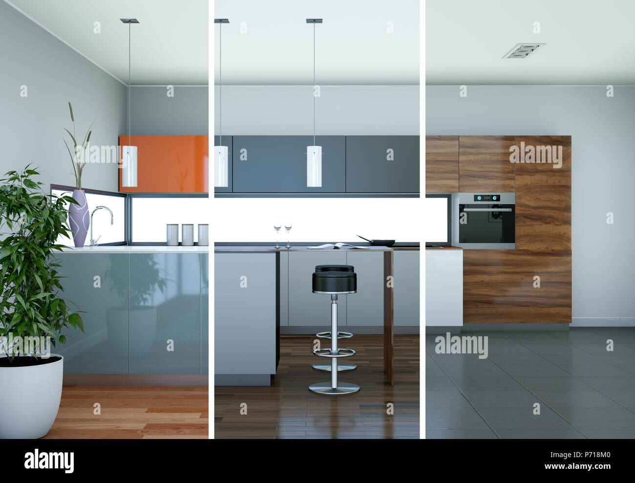 Splitted color variations of a modern kitchen with a beautiful design ...