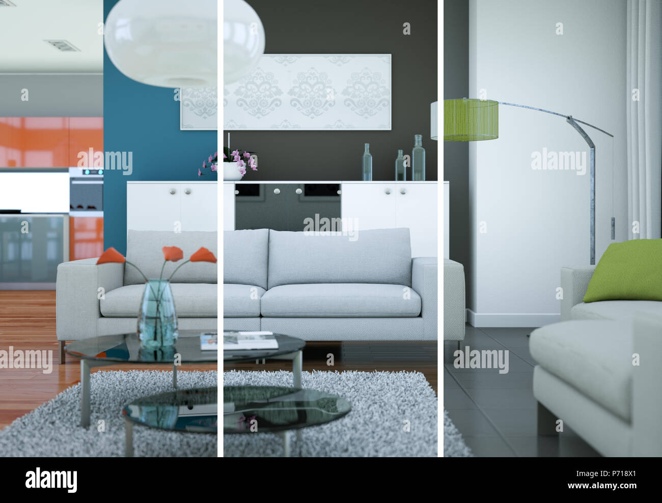 Splitted color variations of a modern loft interior design Stock Photo ...