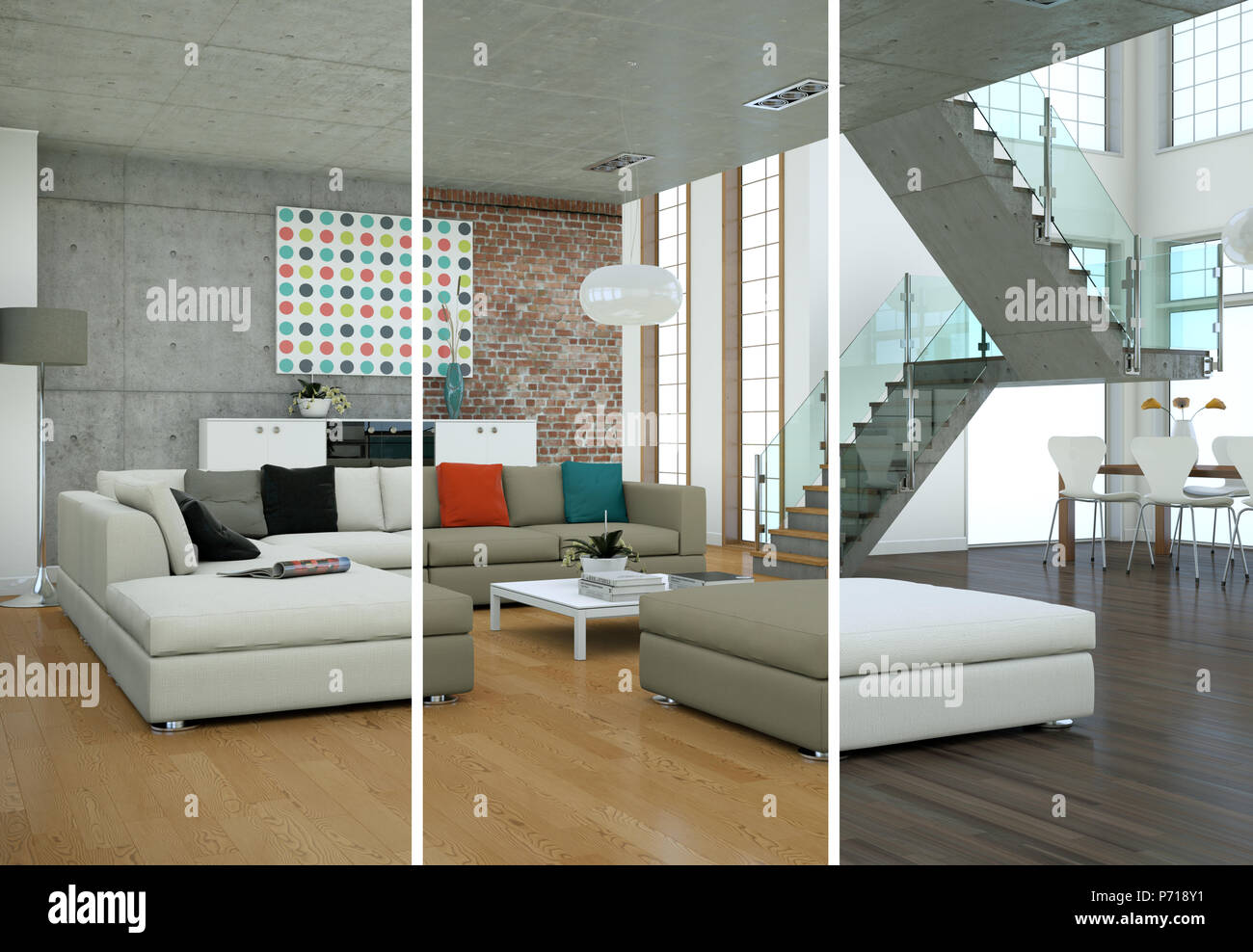 Splitted color variations of a modern loft interior design Stock Photo ...