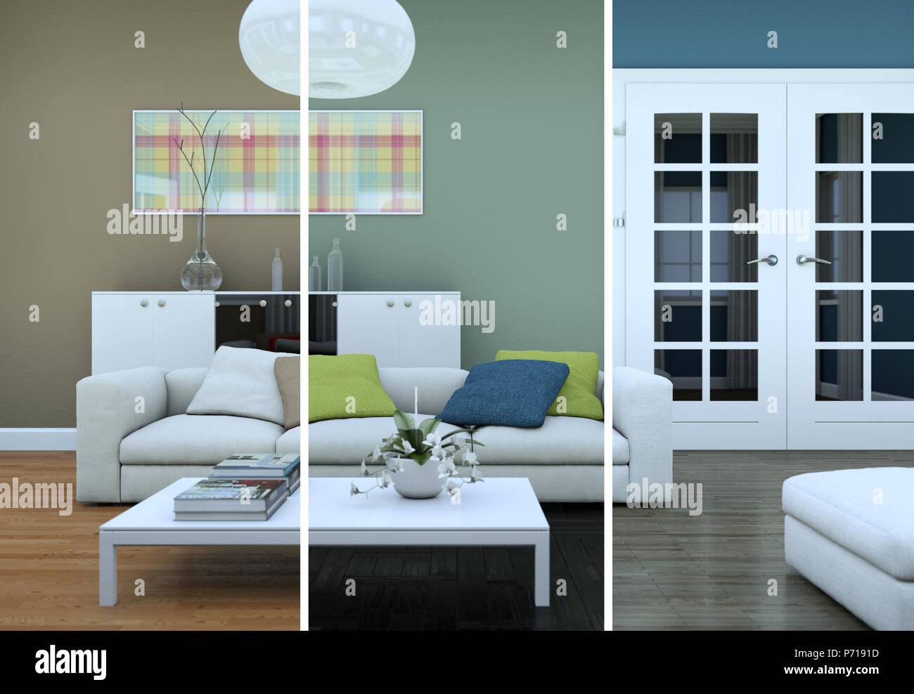 Splitted color variations of a modern loft interior design Stock Photo ...