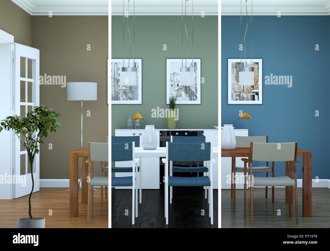 Splitted color variations of dining room interior design in modern ...