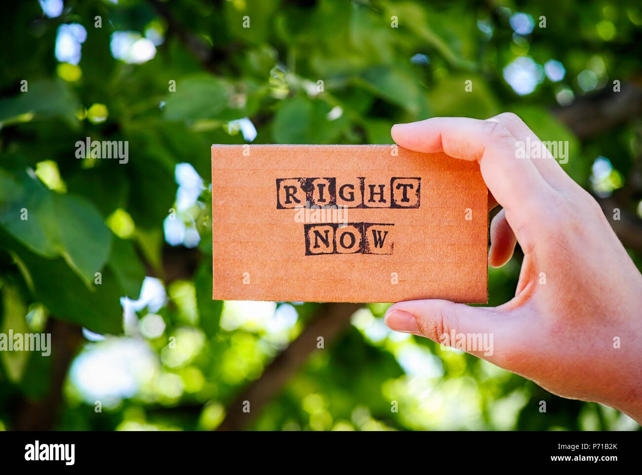 Woman hand holding cardboard card with words Right Now made by black ...