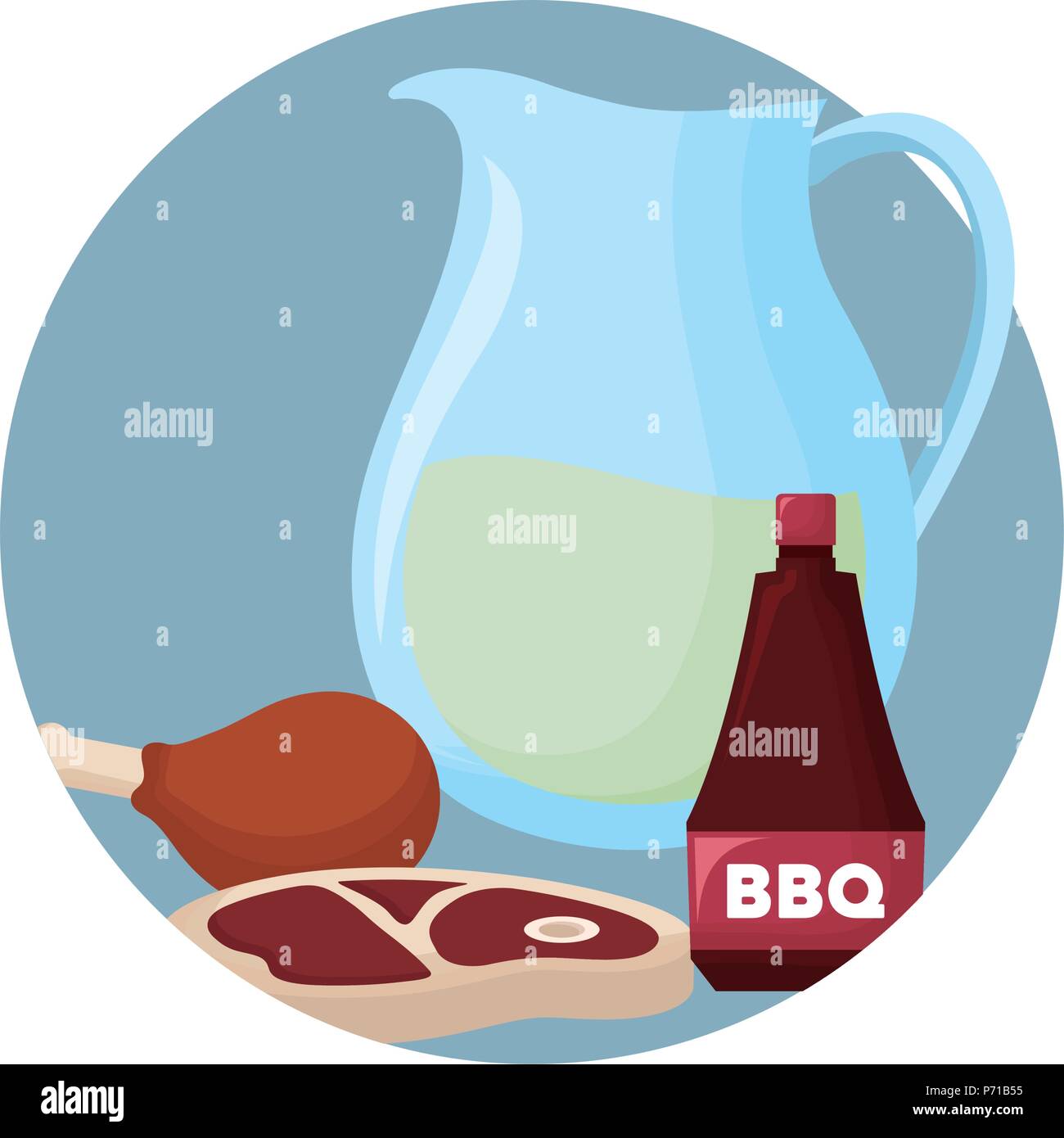 lemonade pitcher with steak meat and bbq sauce over white background ...