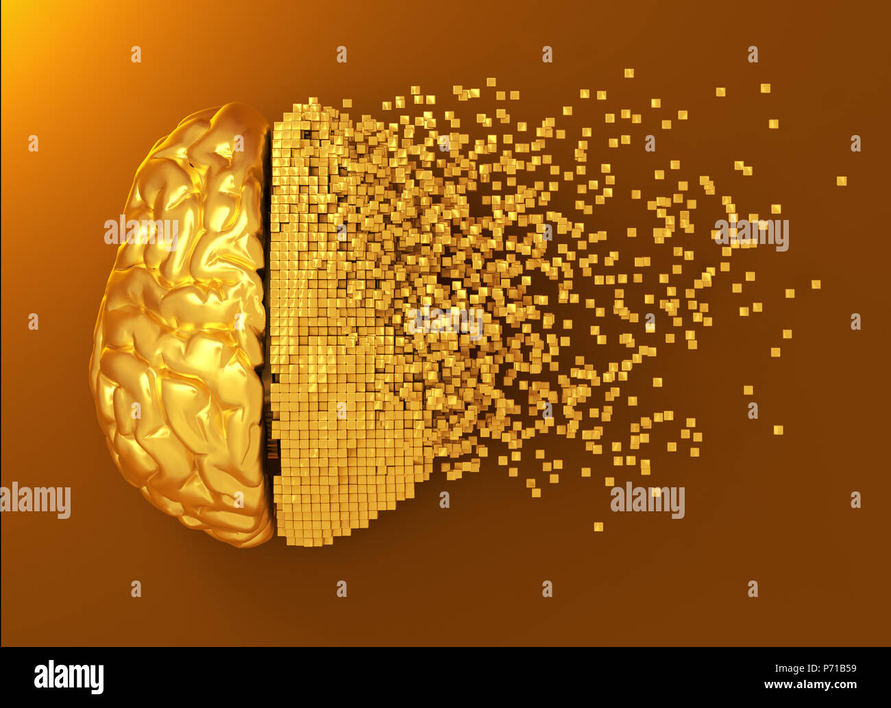 Desintegration Of Golden Digital Brain. 3D Illustration Stock Photo - Alamy