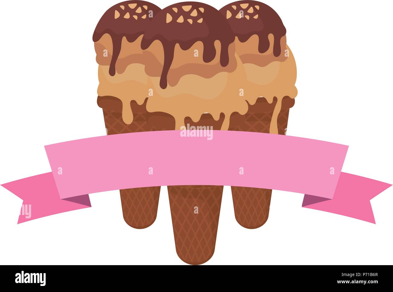 Chocolate ice cream cones and decorative ribbon over white background ...