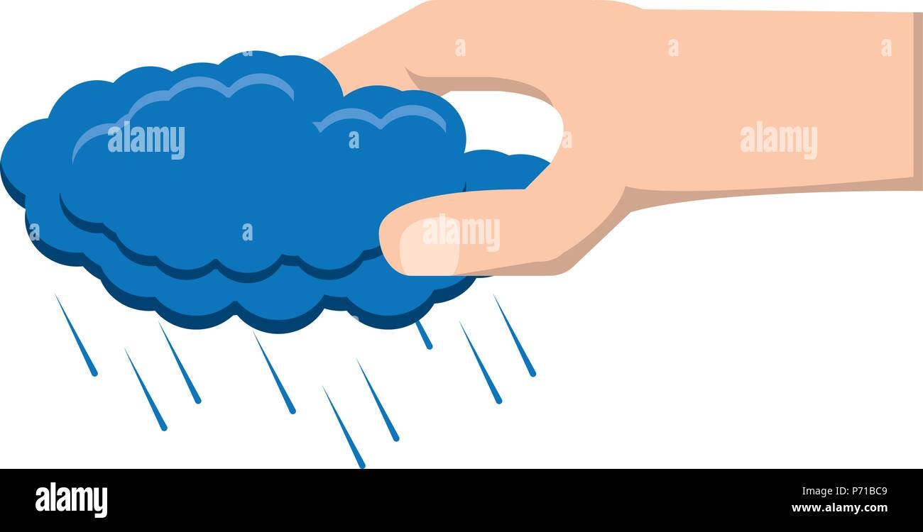 hand holding a cloud with rainy drops over white background, vector ...