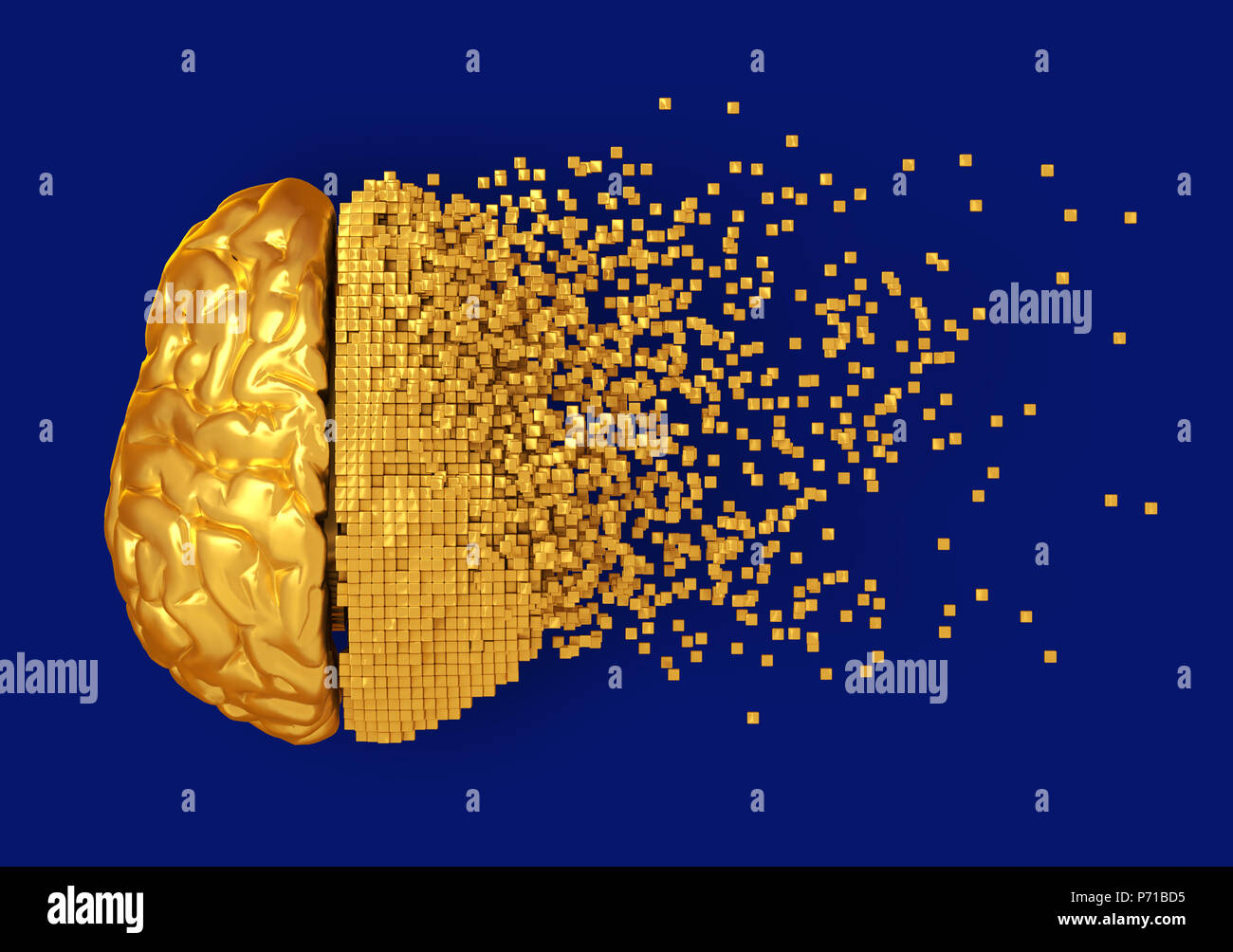 Desintegration Of Golden Digital Brain On Blue Background. 3D ...