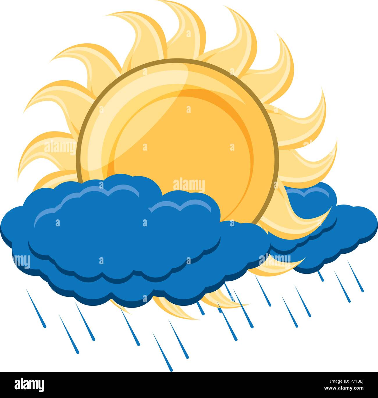 sun and cloud with rainy drops icon over white background, vector ...