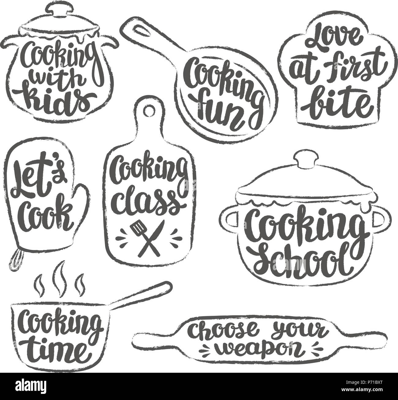 Collection of grunge contoured cooking label or logo. Hand written ...
