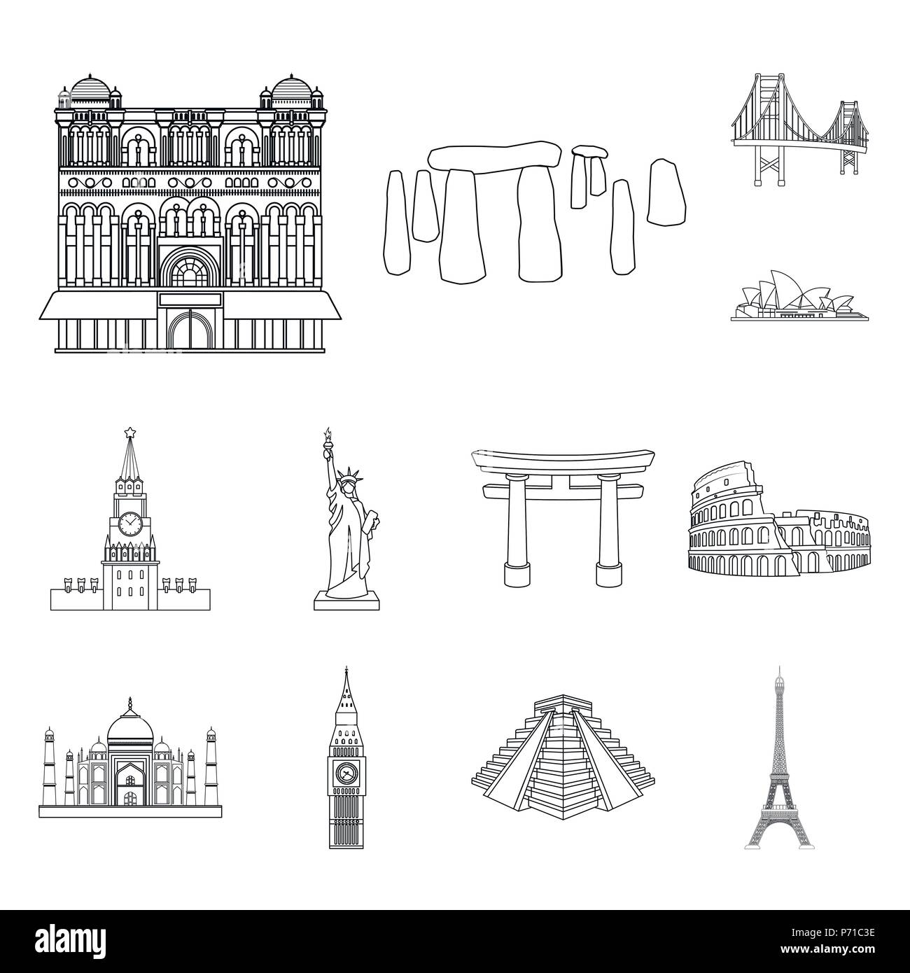 Sights of different countries outline icons in set collection for ...