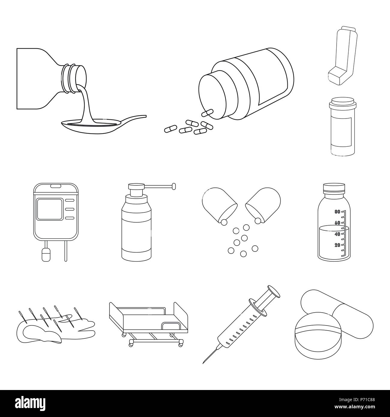 Medicine and treatment outline icons in set collection for design ...