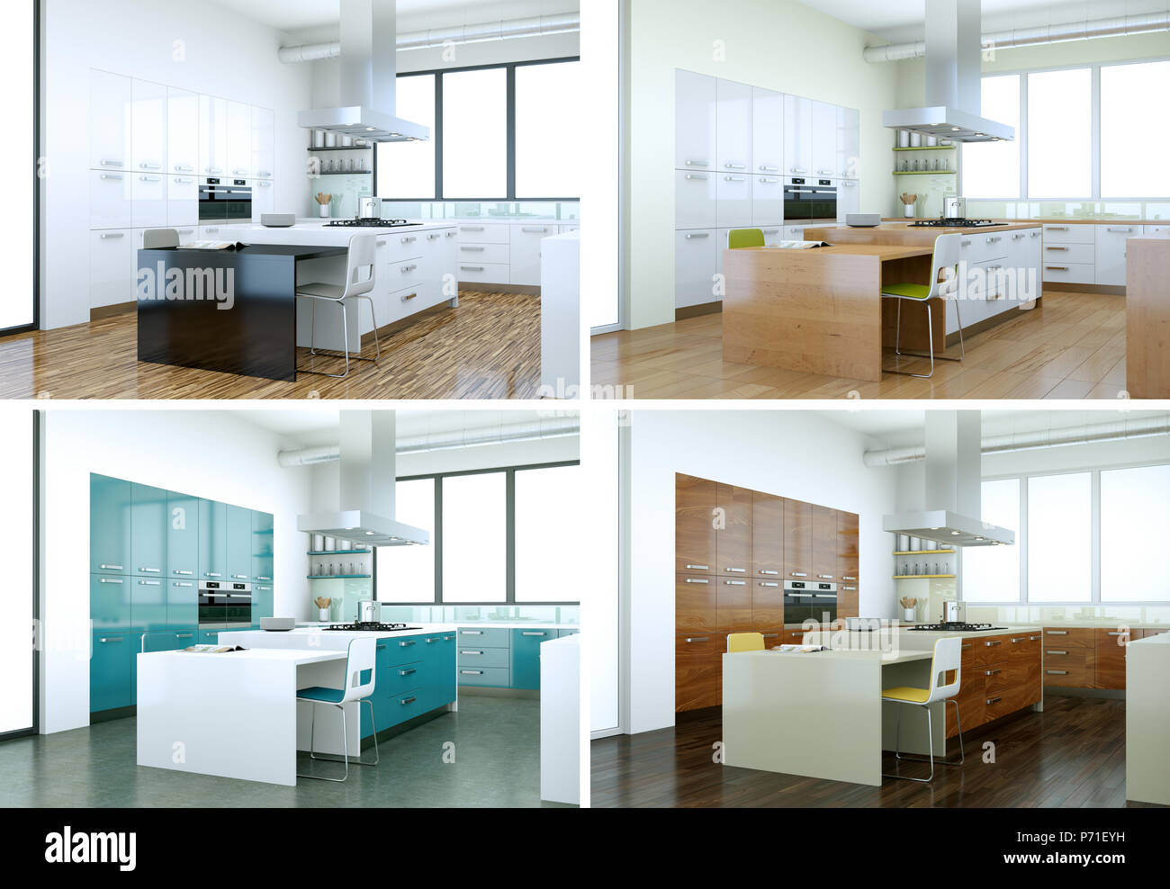 four color variations of modern kitchen with a beautiful design Stock ...