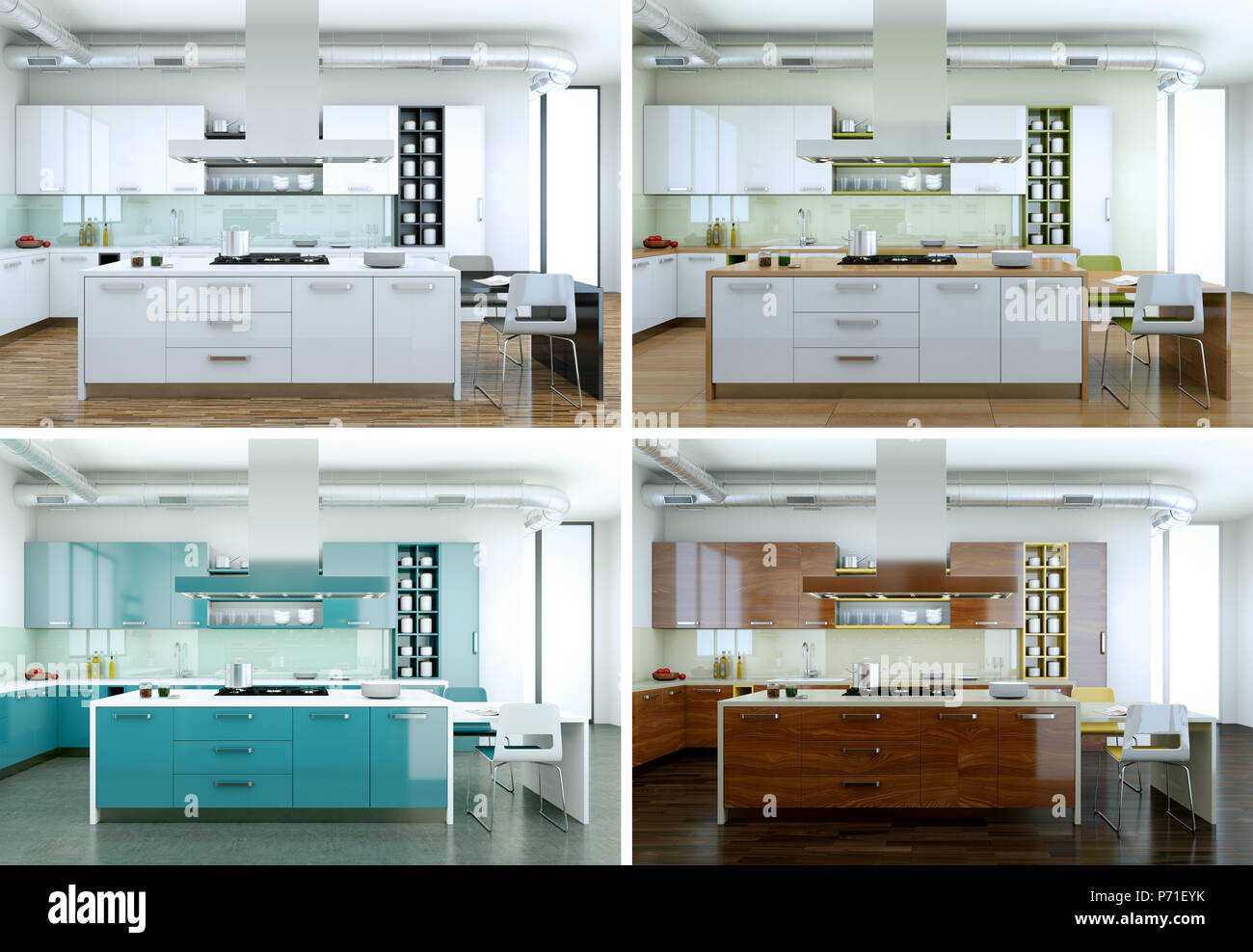 four color variations of modern kitchen with a beautiful design Stock ...