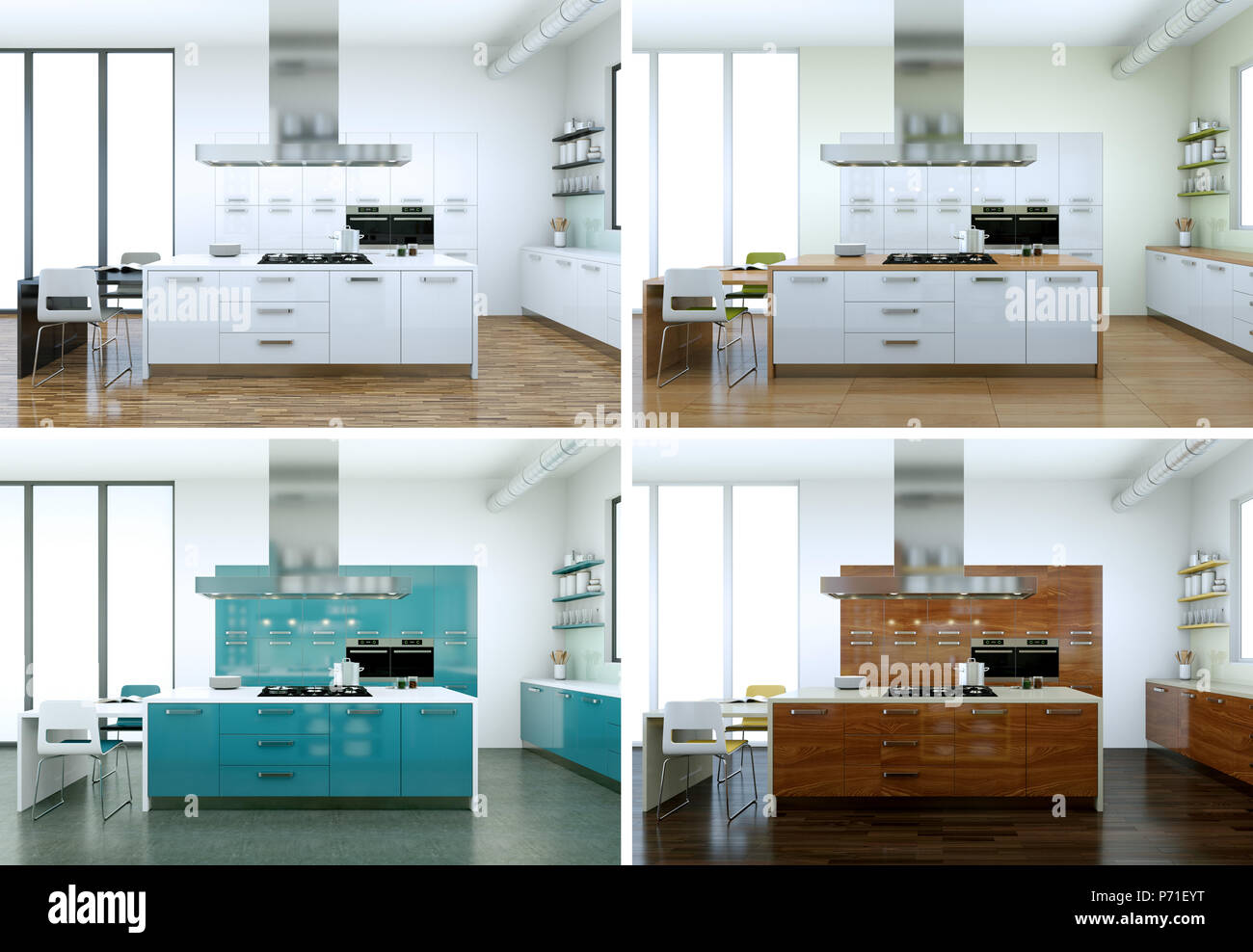four color variations of modern kitchen with a beautiful design Stock ...