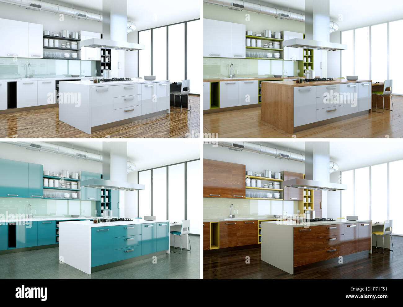 four color variations of modern kitchen with a beautiful design Stock ...