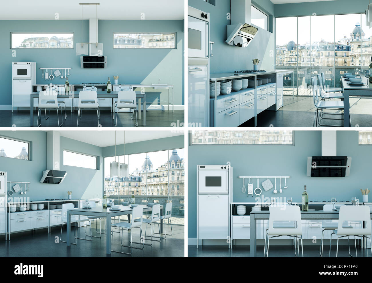 four views of modern kitchen with a beautiful design Stock Photo - Alamy