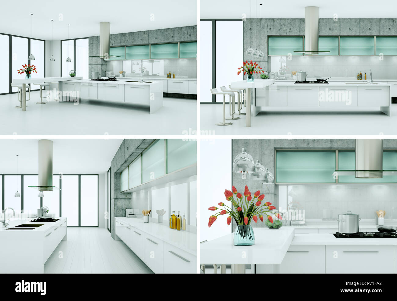 four views of modern kitchen with a beautiful design Stock Photo - Alamy