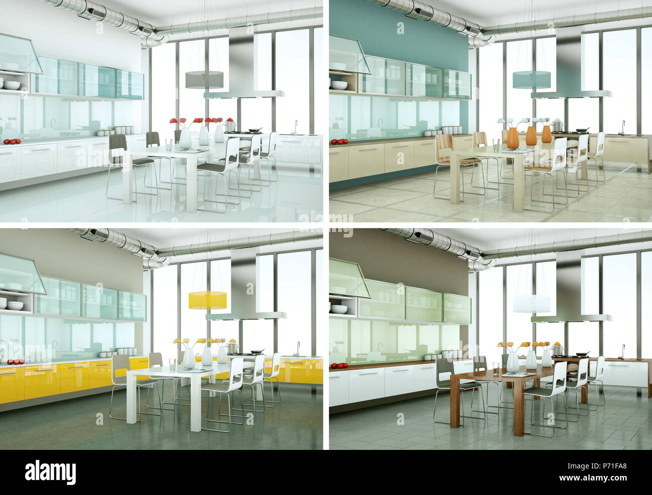 four color variations of modern kitchen with a beautiful design Stock ...