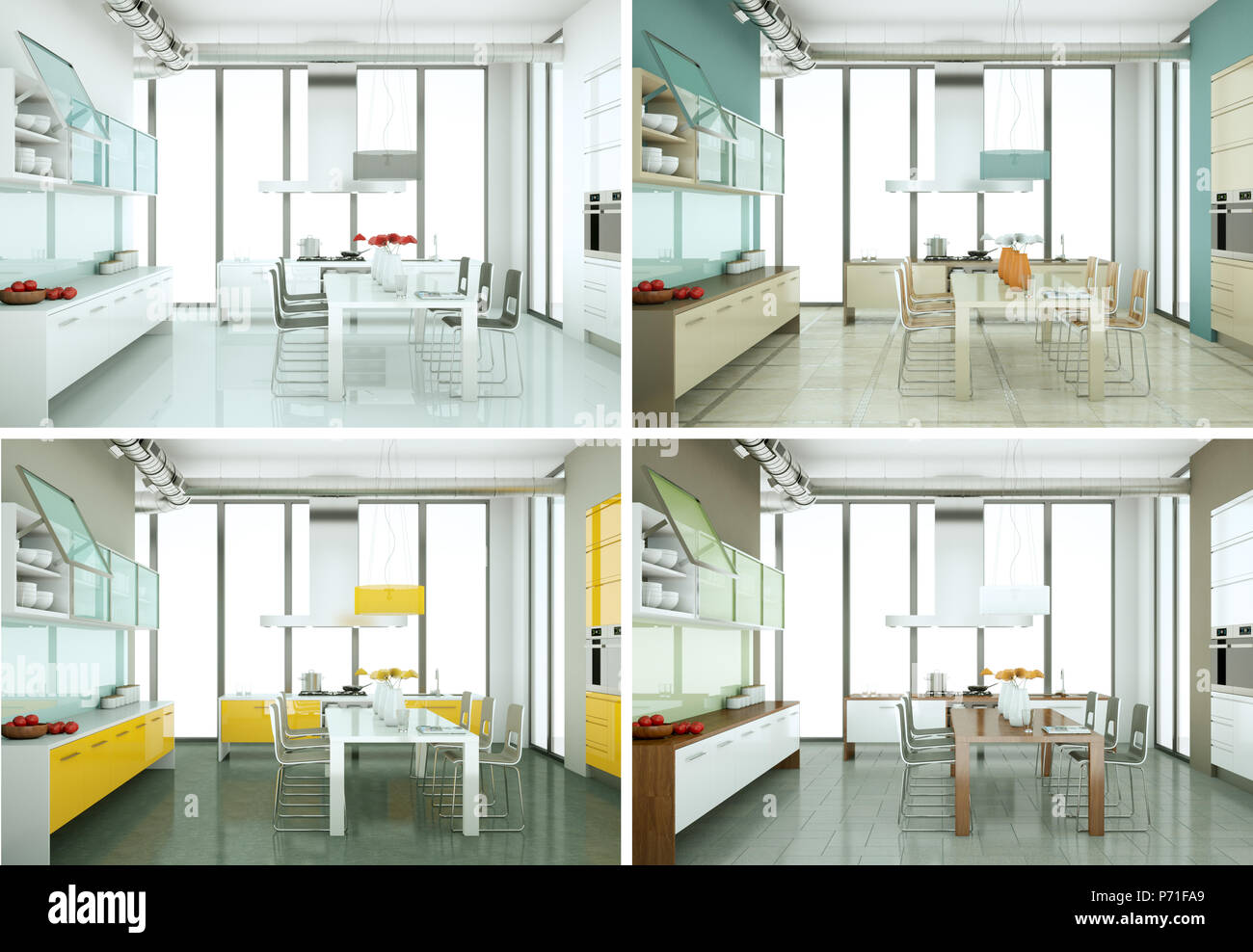 four color variations of modern kitchen with a beautiful design Stock ...