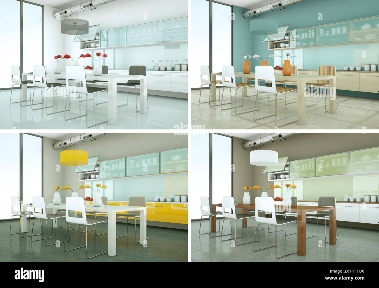 four color variations of modern kitchen with a beautiful design Stock ...