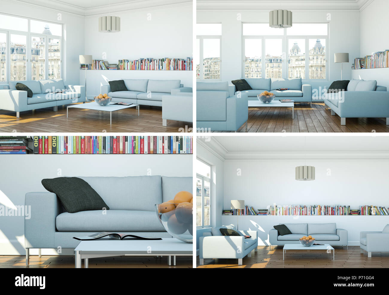 Four views of modern interior loft design Stock Photo - Alamy