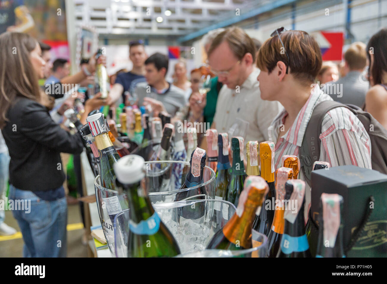 KIEV, UKRAINE - JUNE 02, 2018: People visit sparkling wine booth at ...